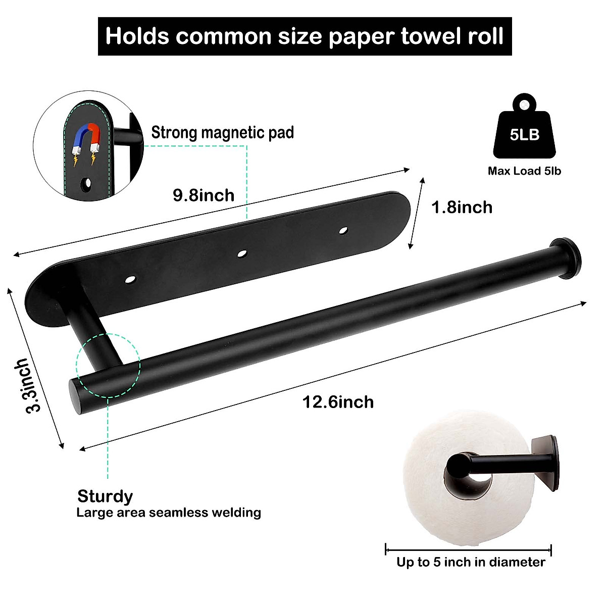 KIHOGEM Magnetic Paper Towel Holder, Self Adhesive Paper Towel Holder Wall Mount, Strong Magnetic Backing Paper Towel Holder for Refrigerator Grill RV Garage(Black)…