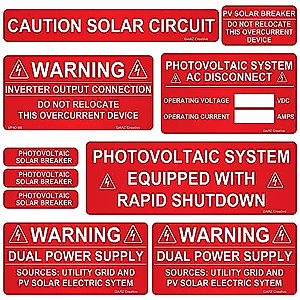 PV Solar System Install Label Kit | 40 Pack | 2020 | 2017 Photovoltaic Safety Labels | Electrical Panel Labels |Photovoltaic System Labels | Solar PV Safety Warning Pack