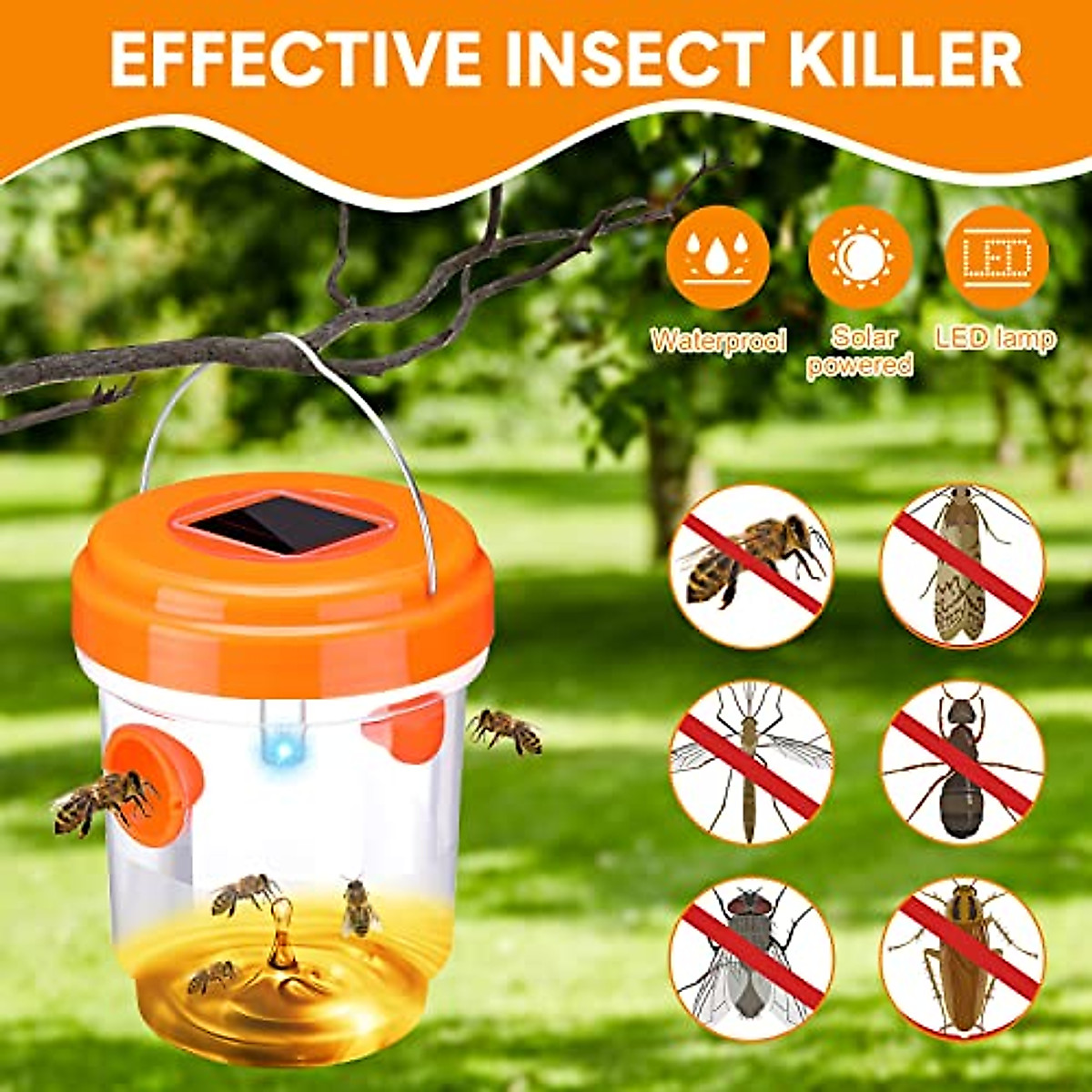 Wasp Trap Solar Powered Bee Trap Reusable Fly Traps Outdoor Hanging Wasp Killer with UV LED Light Flying Insects Bee Killer for Indoor Outdoor Patio Garden Home (Orange, 6 Packs)