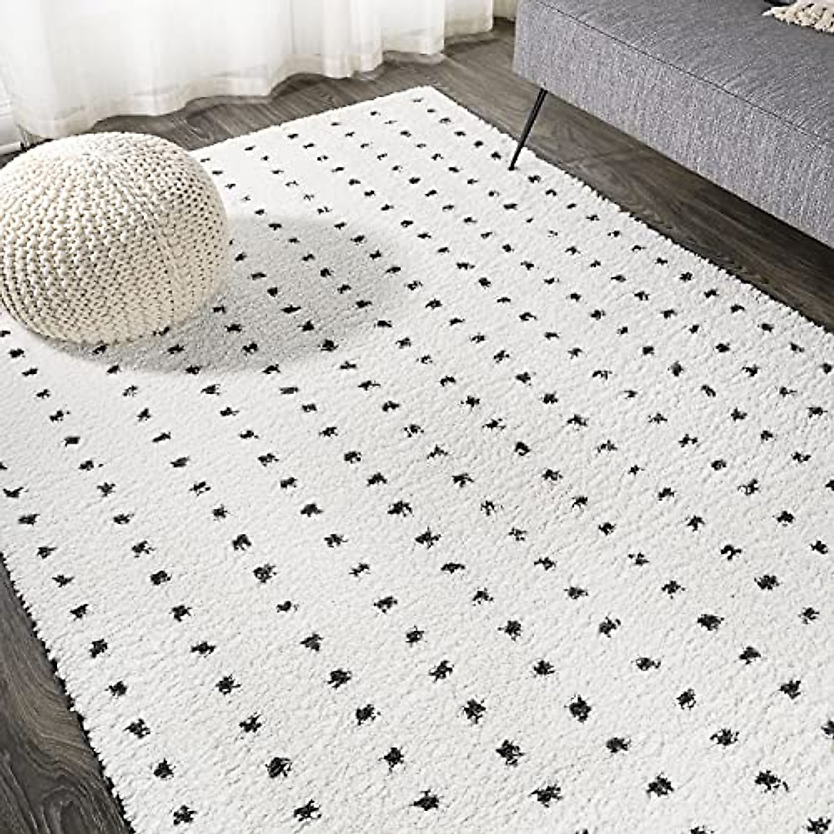 JONATHAN Y MOH400A-5 Pele Modern Geometric Shag Indoor Area-Rug Bohemian Polka Dot Easy-Cleaning Bedroom Kitchen Living Room Non Shedding, 5 X 8, White/Black