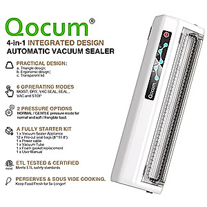 Qocum Vacuum Sealer Machine for Food Savers and Sous-Vide, Automatic Food Sealer with Dry/Moist/Normal/Gentle Mode, Clear Cover Design, food saver Vacuum Sealer Compatible with All Vacuum Sealer Bags