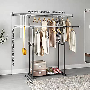 Double Rod Portable Clothing Hanging Garment Rack, Rolling Clothes Organizer, Height Adjustable Clothing Hanger Organizer with Lockable Wheels, for Hanging Clothes