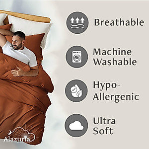 ALAZURIA Queen Size Duvet Cover - 3 Piece Bedding Set (1 Duvet Cover & 2 Pillow Shams) Soft Double Brushed Comforter Cover w/Zipper Closure & Corner Ties - No Comforter (90" X 90", Burnt Orange)