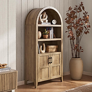 mopio Lauren 65.4" Short Arched Cabinet, 5-Tier Arched Bookcase with Doors and Shelves, Mini Arched Bookshelf with Storage, Kitchen Pantry Cabinet, Wooden Storage Cabinet for Living Room (Oak)