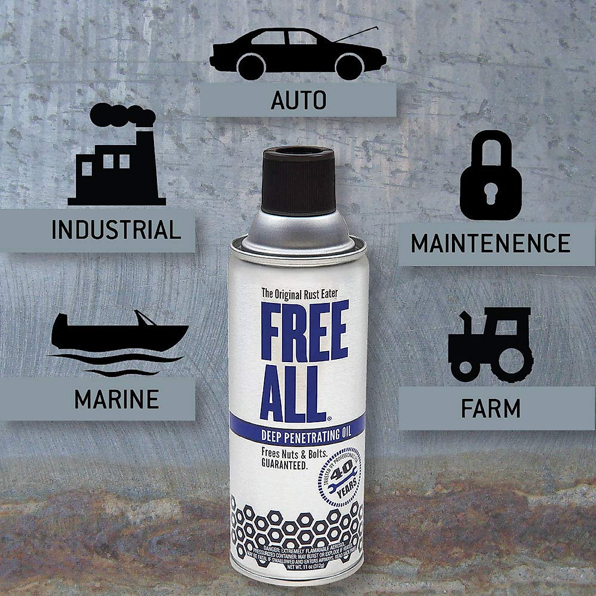 Free All Rust Eater Deep Penetrating Oil, 11 oz Aerosol – Loosens Rusted Bolts, Nuts, Pipe Connections & Locks – Industrial-Grade Rust Remover, Silicone-Free, Safe on Paint & Plastic Surfaces, 2-Pack