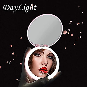 Kintion Compact Mirror with Light, 1X/10X Magnification Travel Mirror, Rechargeable Pocket Mirror LED Purse Mirror, 2-Sided, Folding, Handheld, Round, Small Makeup Mirror with Light for Gift (Pink)