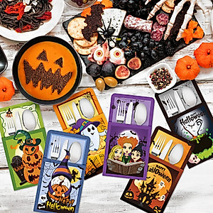 Whaline 18Pcs Halloween Cutlery Holder Set 6 Designs Witch Ghost Pumpkin Gnome Patterned Silverware Holder Paper Pocket Creepy Cartoon Tableware Utensil Holder for Dinner Party Supplies