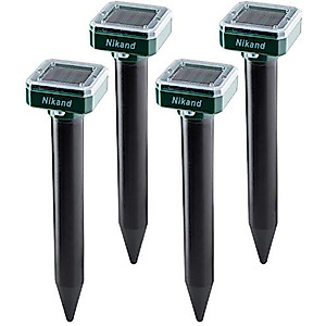 NIKAND Solar Mole Repellent Ultrasonic 4 Pack Outdoor Powered Sonic Deterrent - Mole Stopper Scare Vole for Lawn Garden Yard Home - Groundhog Repeller Snake Rodent Gopher Spikes Chaser Pest (4 Pack)