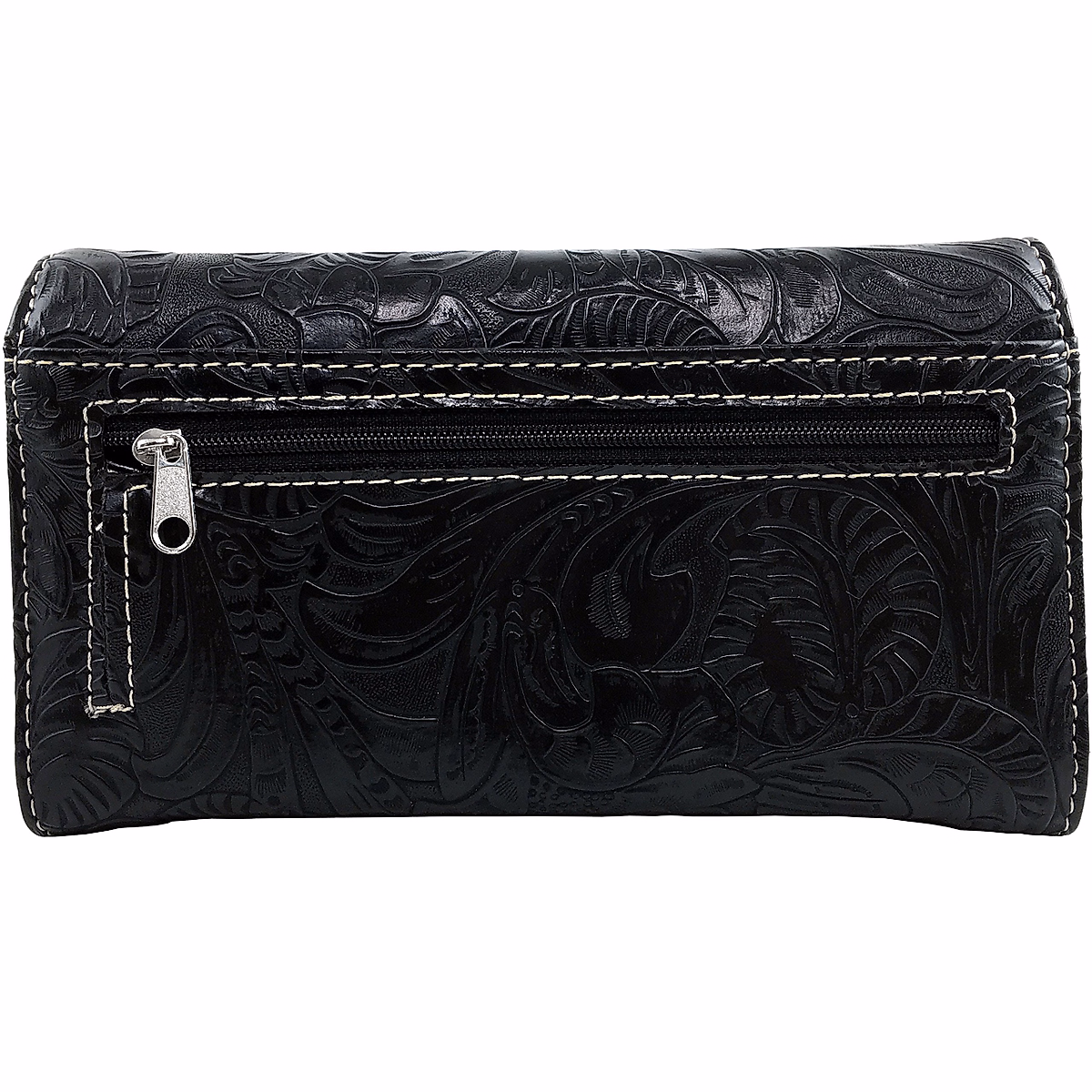 Justin West Purple Rhinestone Skull Embroidery Floral Design Wristlet Trifold Wallet Attachable Long Strap (Space Black)