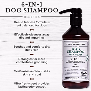 Rosen Apothecary 6-in-1 Itch Relief Dog Shampoo - Tearless Shampoo for Dogs Cleanses, Soothes, Refreshes and Moisturizes While Offering Itch Relief, 480ml
