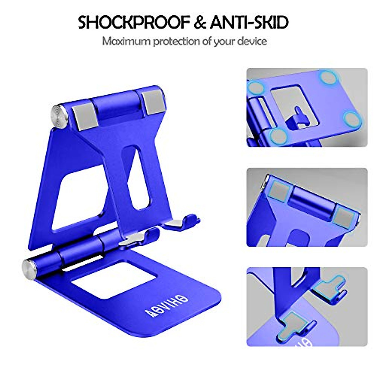 Aoviho Adjustable Cell Phone Stand Foldable Phone Holder - Aluminum Portable Phone Stand for iPhone 13 12 11 Pro X XR XS Max 8 7 6 Samsung Android Desk Decor (Blue)