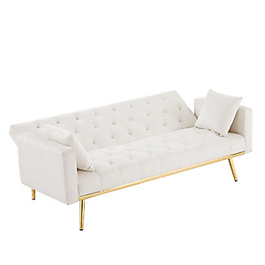 ROCKINGRUN 73'' Convertible Velvet Sofa Bed, Loveseat Sofa Bed with Metal Support Feet, Modern Comfy Loveseat Couch, Adjustable Backrest, Stylish Tufted Sofa Bed for Living Room, Bedroom (Cream White)