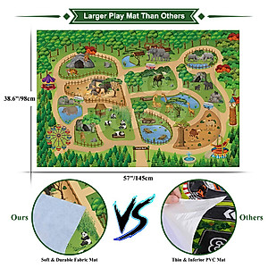 Mini Tudou 12 Pcs Safari Animals Figures Toys w/ 57x38.6’’ Large Activity Play Mat, Realistic Jumbo Jungle Wild Zoo Animals Figurines Playset w/Elephant, Giraffe, Lion for Kids Boys