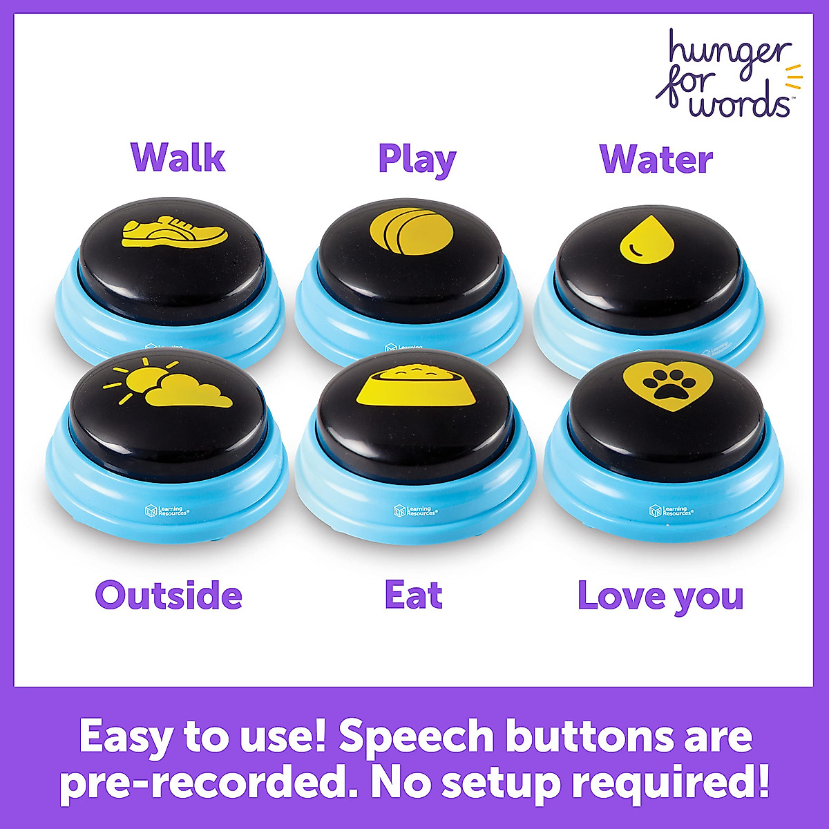 Hunger For Words Talking Pet Essential Words - 6 Piece Set Pre-Recorded Speech Buttons for Dogs, Dog Buttons for Communication