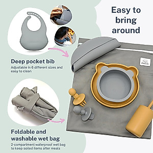 Baby Feeding Set with Reusable Wet Bag in Gift Box, Silicone Baby Led Weaning Supplies, Suction Baby Plate and Bowl Set, Food Grade Bib, Spoon, Fork, Sippy Cup, Bowl and Plate - 100% BPA Free!
