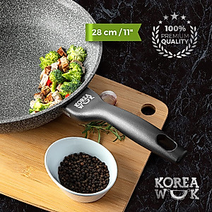 Wok Nonstick - Flat Bottom, Cast Aluminum Stir Fry Pan Non-Scratch Coating for Cooking, Boiling, Sautee, Steam - Ideal for Gas, Electric, Induction & Ceramic Stoves (11 inch Wok)