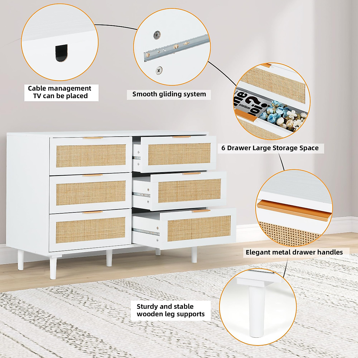 FUQARHY 6 Drawer Dresser Rattan Dresser Modern Chest with Drawers,Wood Storage Closet Dressers Chest of Drawers for Bedroom,Living Room,Hallway (White)