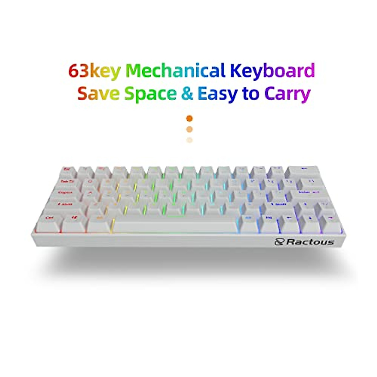 Ractous RTK63P 60% Mechanical Gaming Keyboard RGB Backlit PBT keycaps 63key Ultra-Compact Wired Keyboard Programmable for PC/Mac Gamers,Hot-Swappable Optical Blue Switch (White)