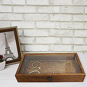 MOOCA Wood Glass Top Jewelry Display Case Accessories Storage, Wooden Jewelry Tray for Collectibles, Home Organization Box with Metal Clasp and Tempered Glass Top Lid, Brown