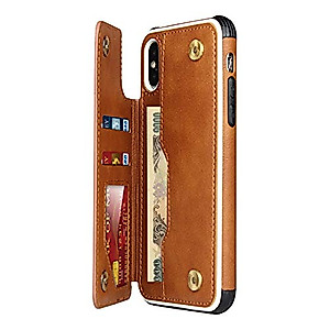 Cavor for iPhone X Wallet Case with Card Holder,iPhone Xs Case for Women Men,Phone Case iPhone X with Credit Card Holders,Leather Card Slots Cases[Kickstand][Wrist Strap] Shockproof Cover- Brown