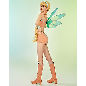 Winx Club Women's Stella Cosplay Fairy Costume Outfit One-shoulder Top and Shorts with a Pair of Wings