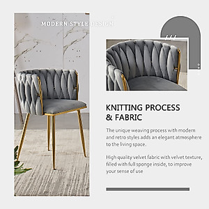 Tsuysi Velvet Set of 2, Gold Modern Dining Chair with Metal Legs, Woven Upholstered Dining Chairs for Dining Room, Kitchen, Vanity, Living Room (Grey)