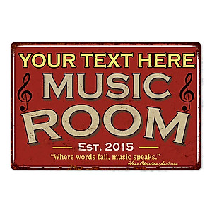 Personalized Music Room Sign Red Signs Vintage Tin Wall Art Décor Song Decorations Instrument Guitar Piano On-Air Plaque Him Her Gift 8x12 Metal 208120105001