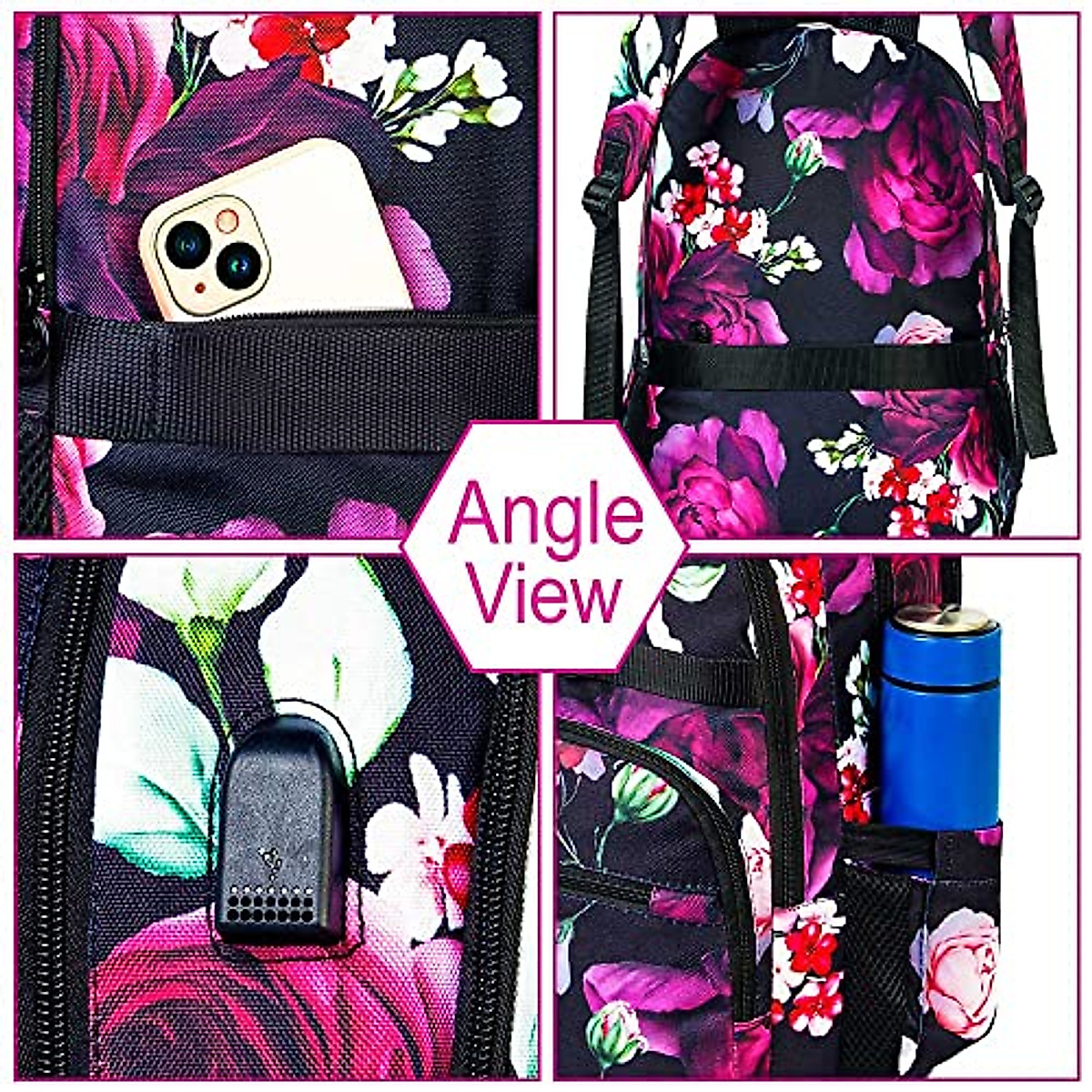 FTJCF Laptop Backpack, 16 Inch School Bag College Bookbag, Anti Theft Daypack Bags and Lunch Bag Set, Water Resistant Rose Backpacks for Teens Girls Women Students (Black)