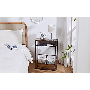Vintage Narrow Side Table with Storage Shelf, 3 Tier Slim End Table Modern Sofa Table for Narrow and Small Spaces, 24.6 Inch Height Bedside Table Small Nightstand with Magazine Rack Space Saving