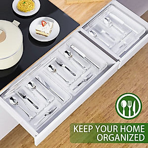 CDWMJ Silverware Organizer for Drawer & Countertop with Lid, Plastic Flatware Cutlery Tray with 5 Compartments, Dustproof Portable Kitchen Utensil Holder