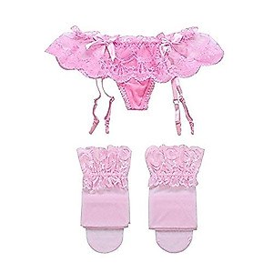 TAKIYA Womens Lace Garter Belt Panties & Sheer Stockings 3 Pieces Lingerie Sets (Pink)