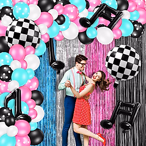 Jecery 122 Pcs 50's Music Theme Birthday Party Decorations Karaoke Rose Red Blue Black Tinsel Curtains Music Note Balloons Karaoke Music Party Supplies Photo Backdrop
