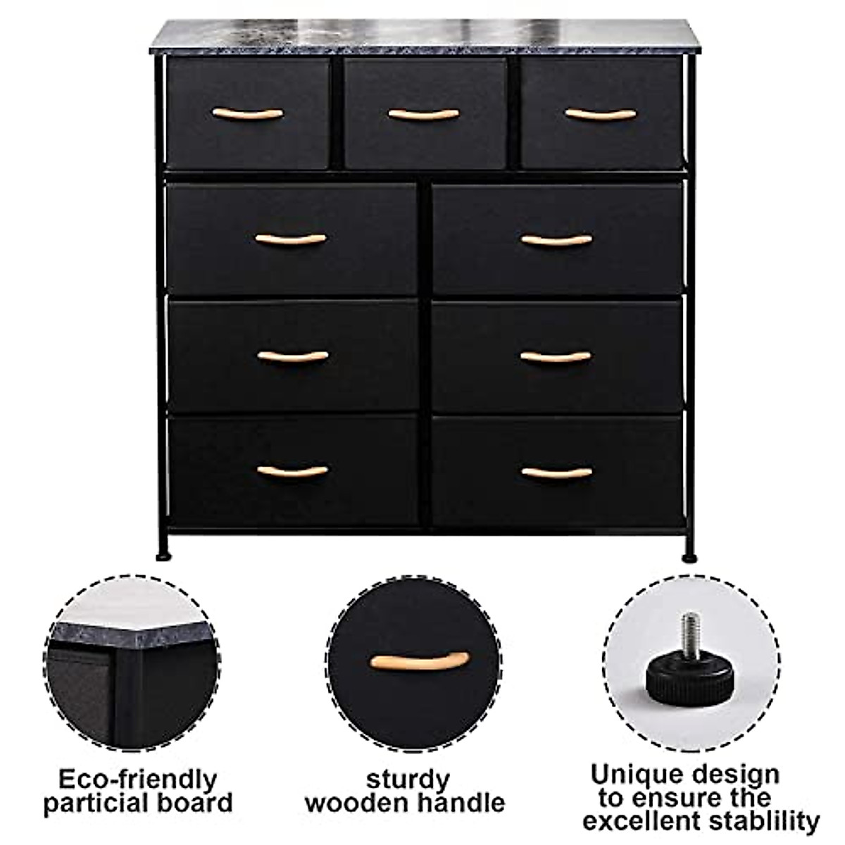 CERBIOR Wide Drawer Dresser Storage Organizer 9-Drawer 7-Drawer Closet Shelves, Sturdy Steel Frame Marbling Wood Top with Easy Pull Fabric Bins for Clothing, Blankets