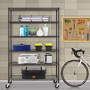 FDW 48" L×18" W×76" H Wire Shelving Unit Metal Shelf with 6 Tier Casters Adjustable Layer Rack Strong Steel for Restaurant Garage Pantry Kitchen Garage,Black