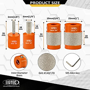 BGTEC Stained Glass Diamond Grinder Bit Head Tools 1/8"+1/4"+3/4"+1" Brass Core Stained Glass Grinder Bits, Diamond Grinder Bit Head Tools, Stain Glass Tools and Supplies for Stained Glass