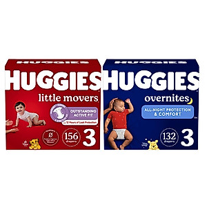 Huggies Little Movers + Overnites Bundle: Huggies Little Movers Baby Diapers, Size 3 (16-27 lbs), 156ct (6 packs of 26) & Huggies Overnites Overnight Diapers, Size 3 (16-27 lbs), 132ct (2 packs of 66)