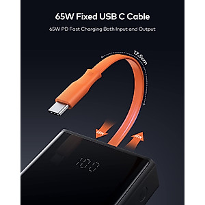 Baseus Powerbank 65 W for Laptop, 20000 mAh Power Bank USB C, Integrated USB-C Cable, External Battery QC 3.0 with 4 Outputs for Lenovo, HP, Dell, MacBook Pro, iPhone, Samsung