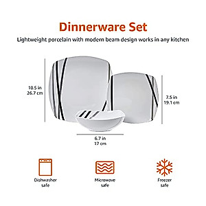 Amazon Basics 18-Piece Kitchen Dinnerware Set - Square Plates, Bowls, Service for 6 - Modern Beams