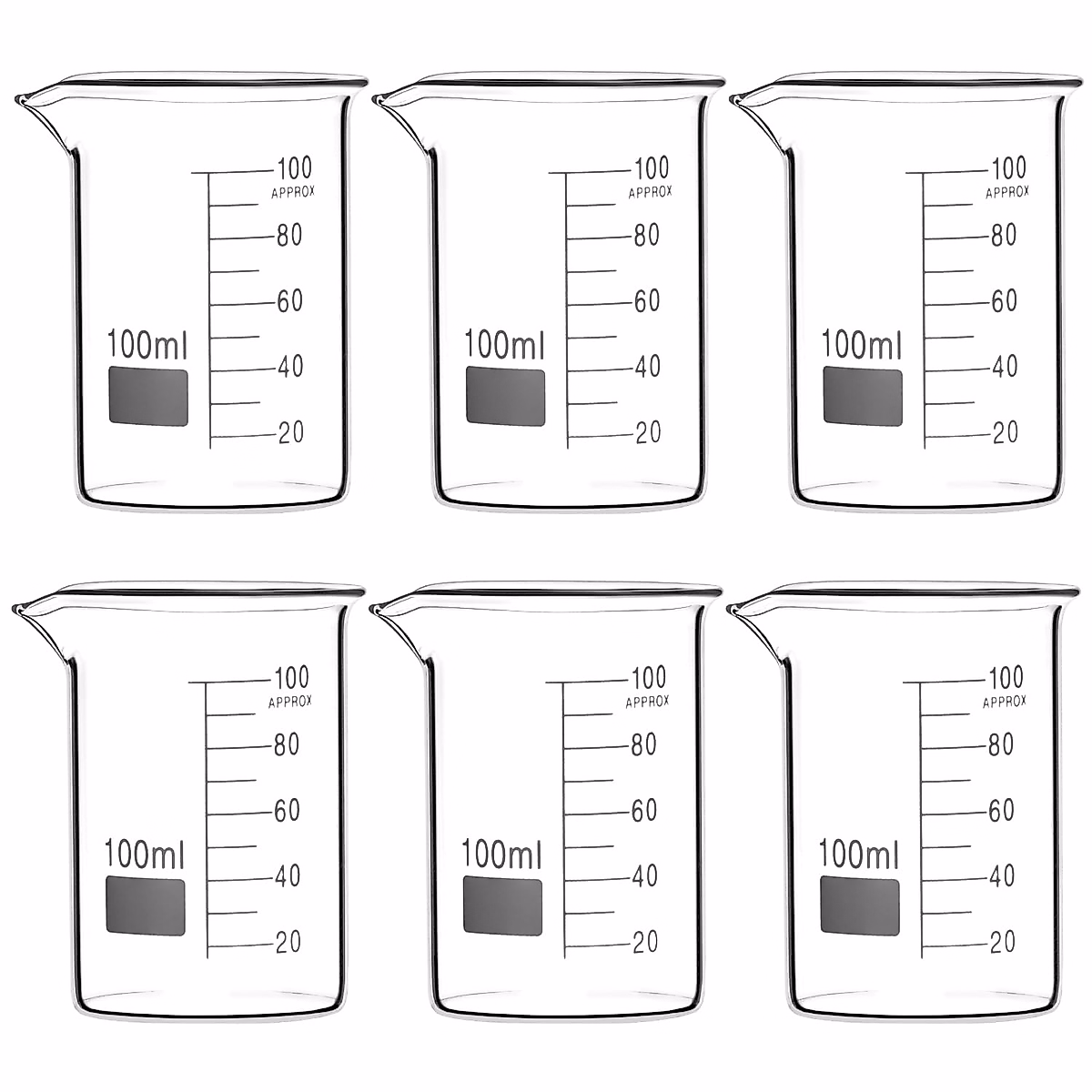 QWORK Sturdy Glass Beaker 100ml, Griffin Low Form, 6 Pcs, 3.3 Borosilicate Glass with Printed Graduation and Extra Large Marking Spot