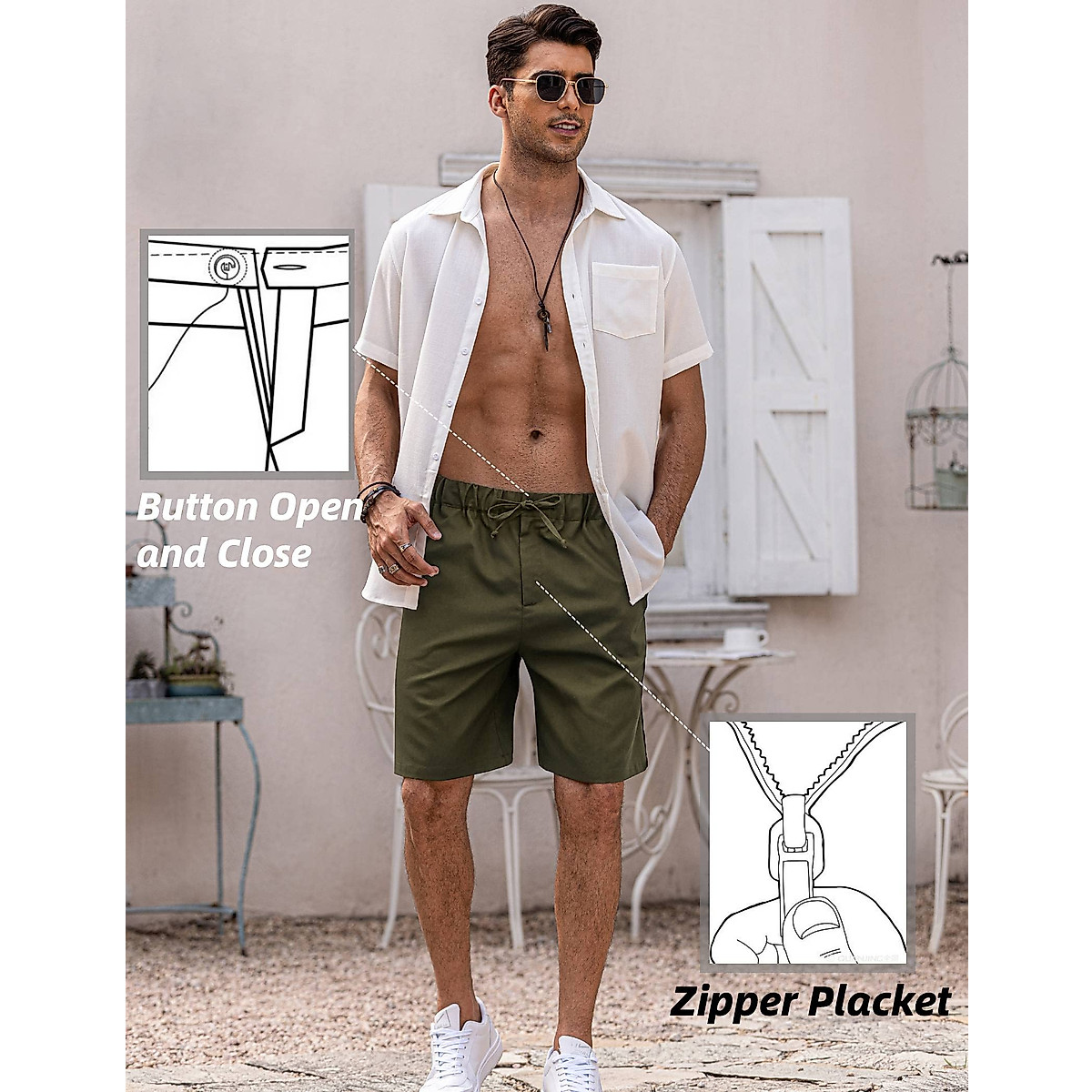 COOFANDY Men Linen Classic Fit Short Lightweight Drawstring Short with Pockets Army Green