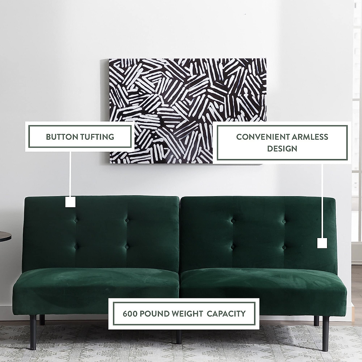 Edenbrook Gilman Futon - Futon Sofa Bed - Futon Couch - Small Futon - Living Room Furniture - Armless Sofa Bed Couch - Sofa - Green Velvet Futon