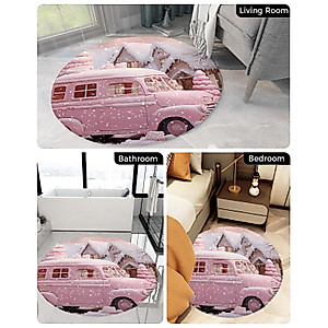 Christmas Fluffy Round Area Rug Carpets 3ft, Plush Shaggy Carpet Soft Circular Rugs, Non-Slip Fuzzy Accent Floor Mat for Living Room Bedroom Nursery Home Decor Blush Pink Farmhouse Winter Truck