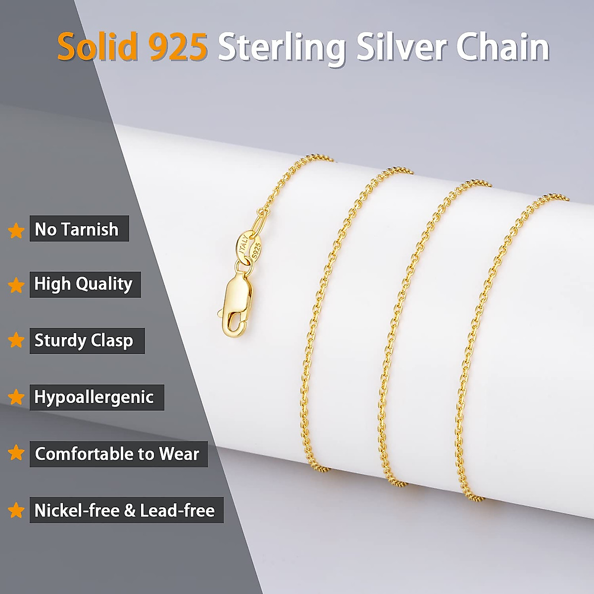 Jewlpire 18k Over Gold Chain Necklace for Women, 1.1mm Cable Chain Gold Chain for Women Shiny & Sturdy Women's Chain Necklaces, 14 Inches