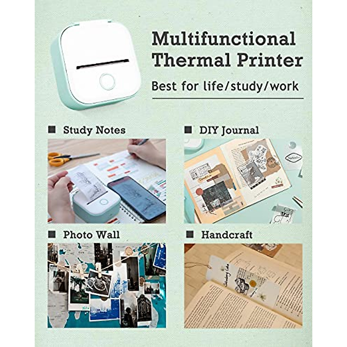 Memoqueen Pocket Sticker Printer T02 Thermal Photo Printer, Sticker Maker Machine for Photos, Diaries, Memos, Study Notes, Work Plans,Wireless Receipt Printer Compatible with iOS & Android, Green