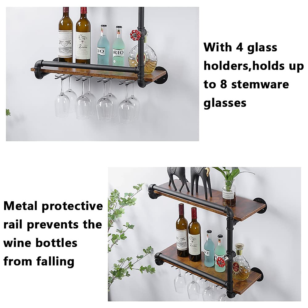 POLUNCA Wine Rack Wall Mounted 2 Tier, Industrial Pipe Decor, Black Wine Shelf Rack with Glass Holder, Perfect for Kitchen, Bar, Restaurant, 23.6x10.6x19.7 inches