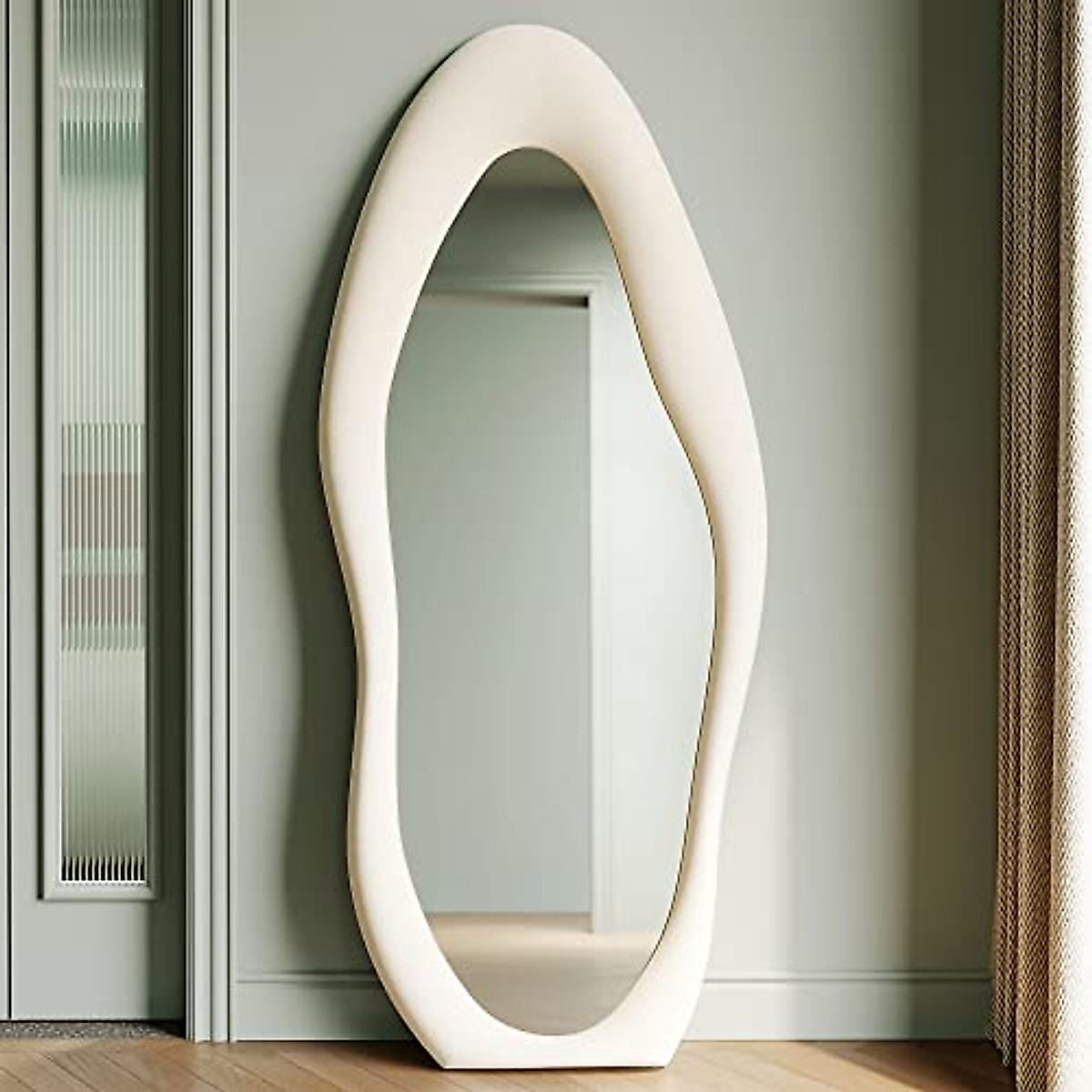 Honyee Full Length Mirror, 63" x 24" Wall Mirror, Flannel Wrapped Wooden Frame Full Body Mirror, Irregular Wavy Mirror Hanging or Leaning Against Wall for Cloakroom/Bedroom/Living Room, White