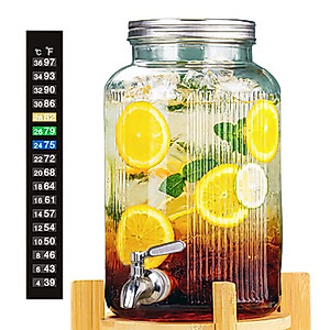 Mapeoes 1.5 Gallon Glass Beverage Drink Dispenser with 304 Stainless Steel Spigot and Lid, Temperature Sticker for Brew Kombucha Wine,Large Mason jar Container for Juice Water at Party Fridge,Clear