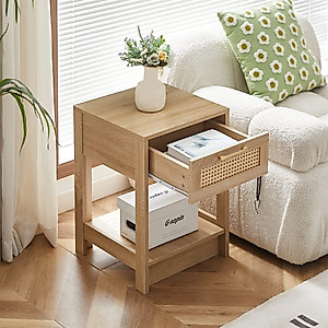 YOUGUO Wood Living Room 3-Piece Table Sets, includes 1 Boho Rattan Coffee Table & 2 End Side Tables Nightstand, Coffee Table and End Table Sets for Living Room Accent Furniture