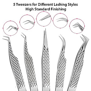 GTEX Lash Tweezers For Eyelash Extensions Tweezers Set of 5, Japanese Stainless Steel, Straight Curved 45 90 Degree Volume Eyelash Tweezers - SILVER