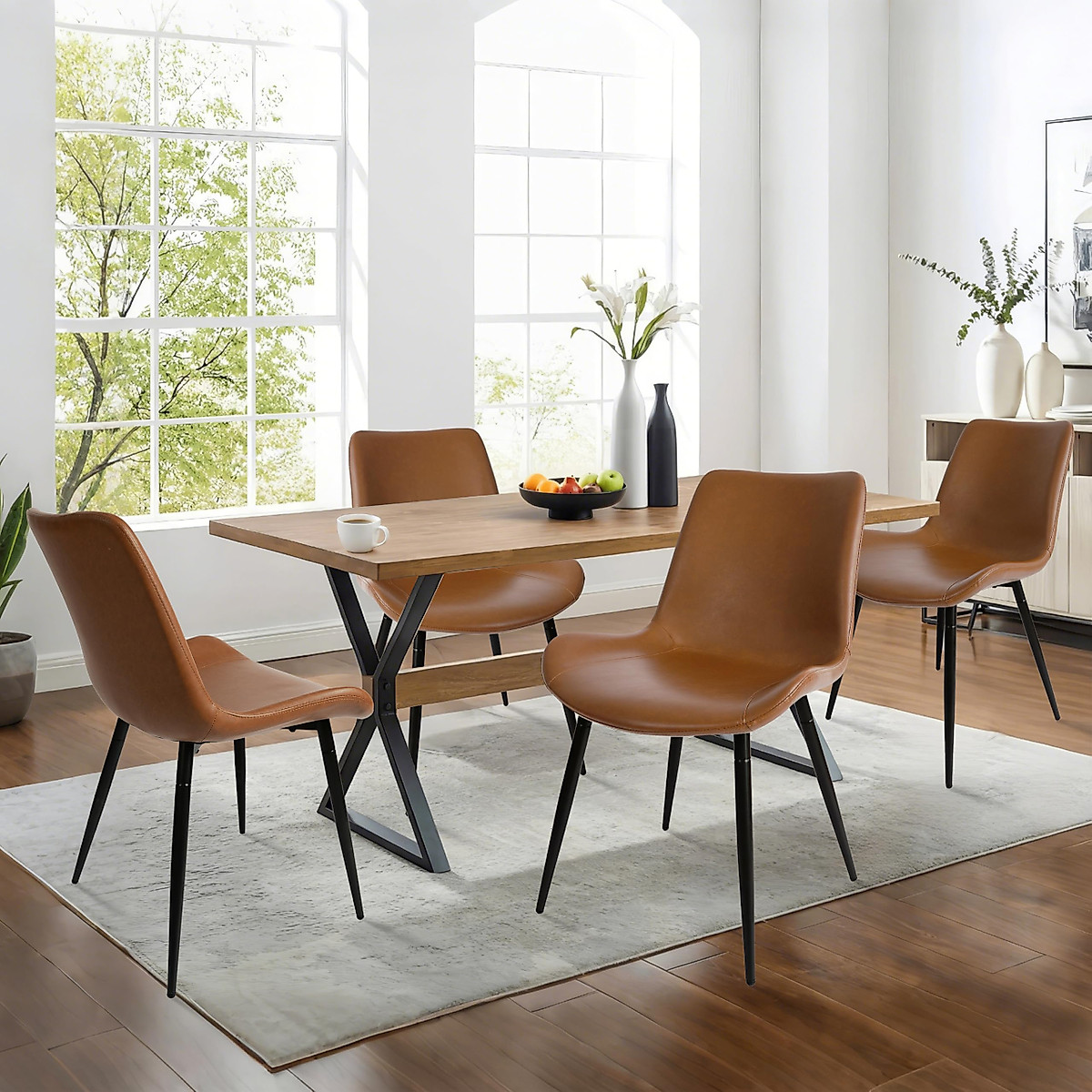 CangLong Dining Chairs Set of 2 in Faux Leather Brown Cushion Seat, Upholstered Dining Accent Side Chairs with Comfy Back and Sturdy Black Metal Legs for Living, Restaurant & Meeting Room, Brown